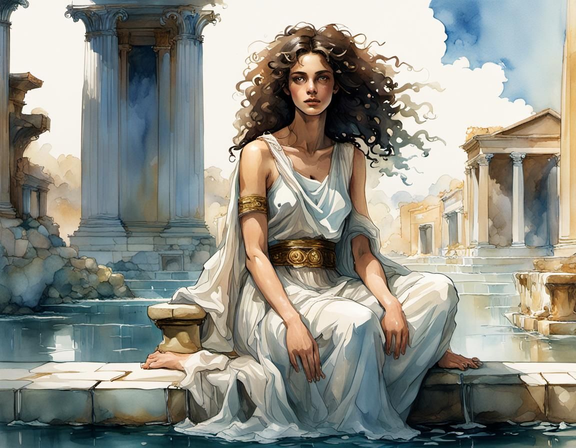 Curly-Haired Greek woman fashion model with dark eyes, Full body image ...