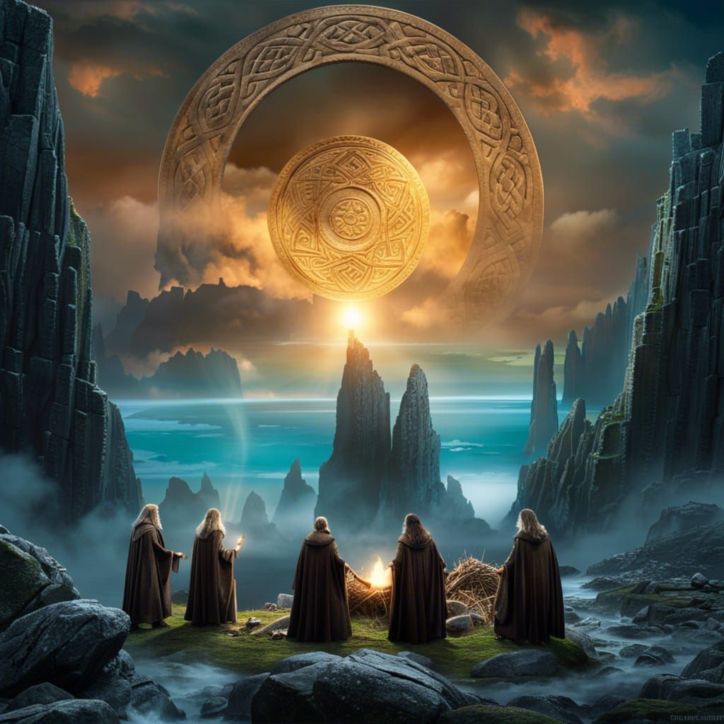 tall celtic Druids performing magic in an ancient stone circle on ...