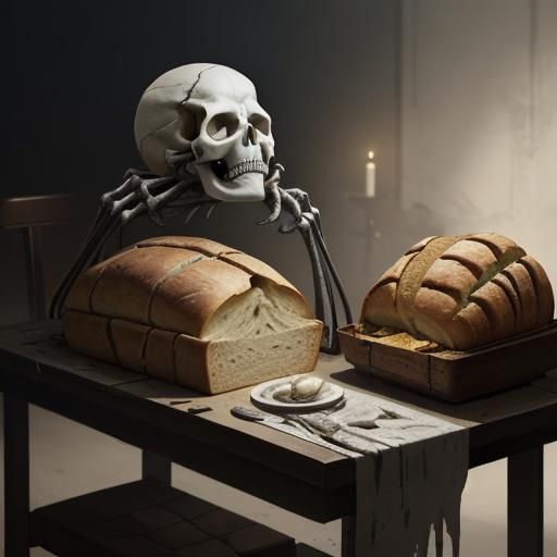 A cracked skeletonized skull on a table with a loaf of bread next to it ...