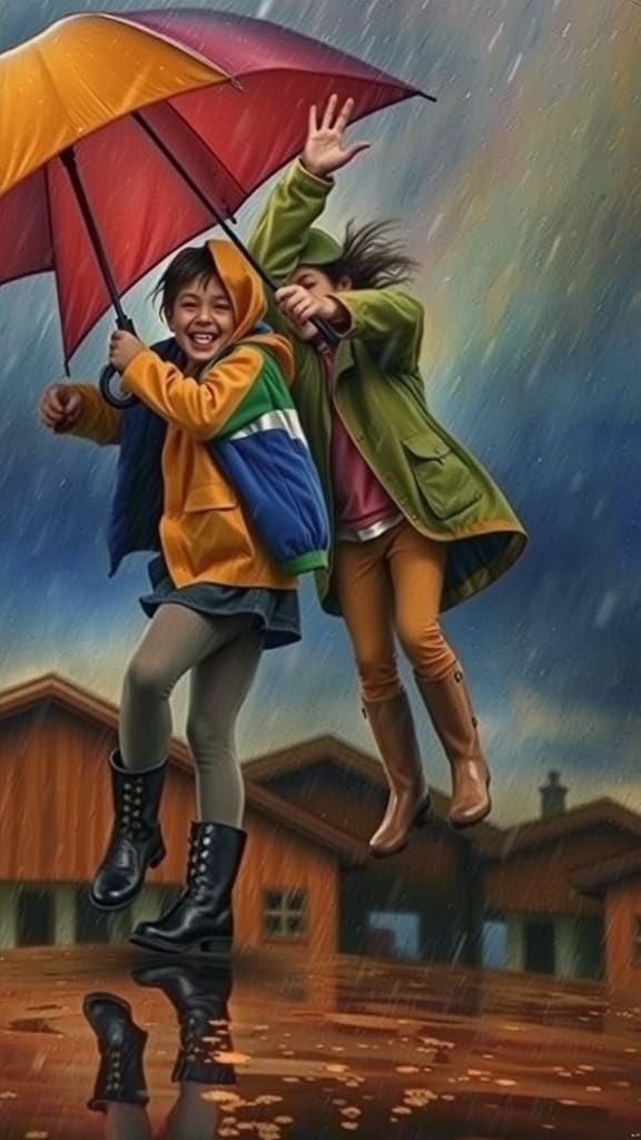 Joyful Rainy Day Moment Captured in Cinematic Styl... - AI Art