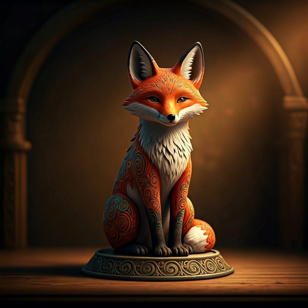 A clay fox pottery - Cyberpunk Clay Fox in Golden Haze