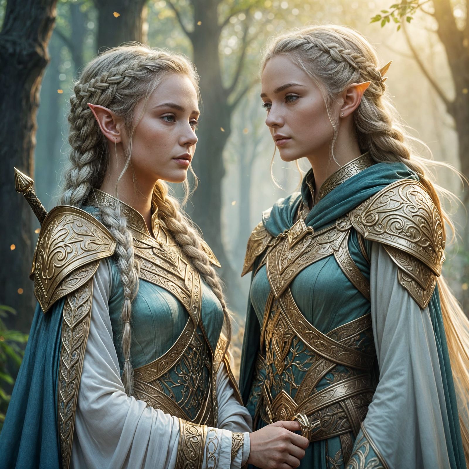 Armed Elven woman with blonde braids hair and an e... - AI Art