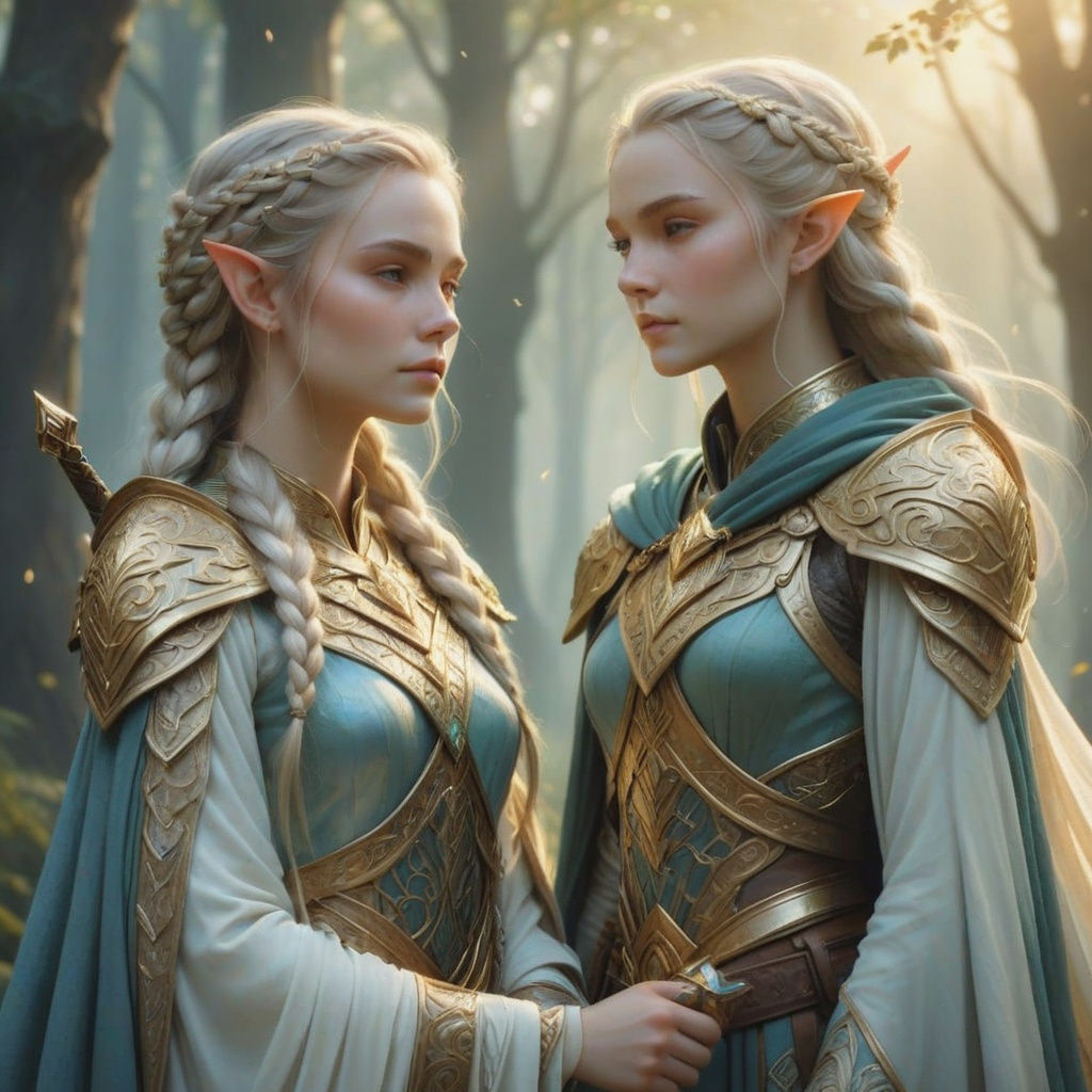 Armed Elven woman with blonde braids hair and an e... - AI Art