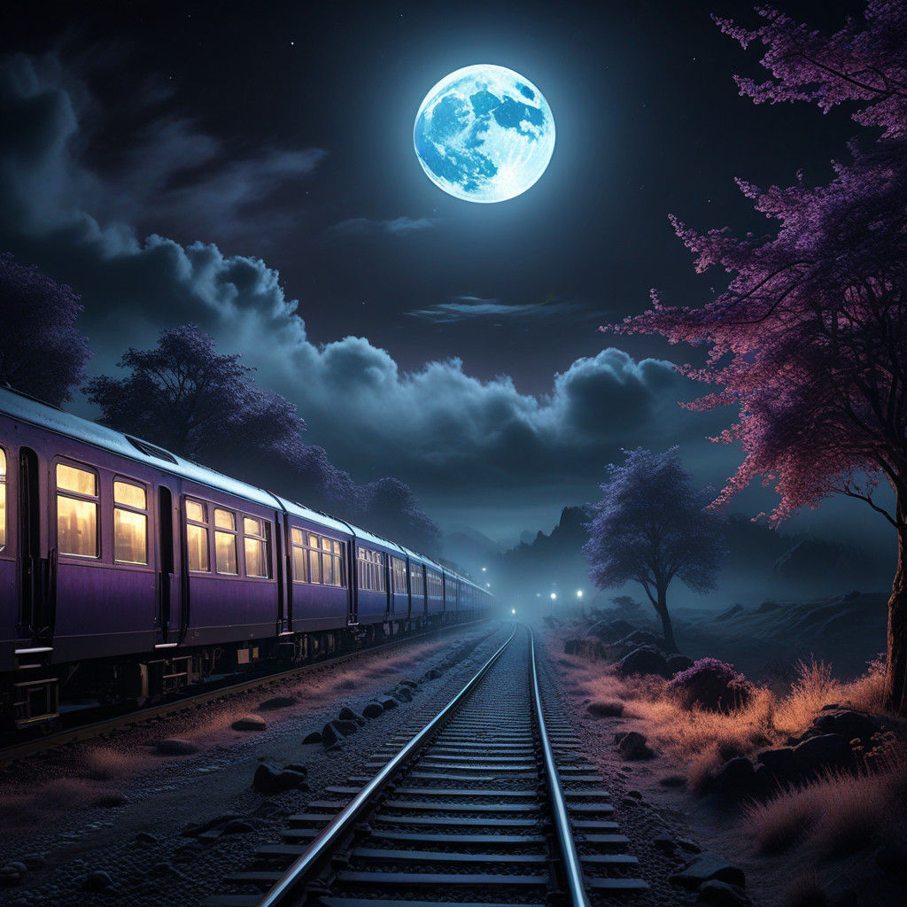 Train Traveling at Night - Moonlit Train Chugs Through a Noc...