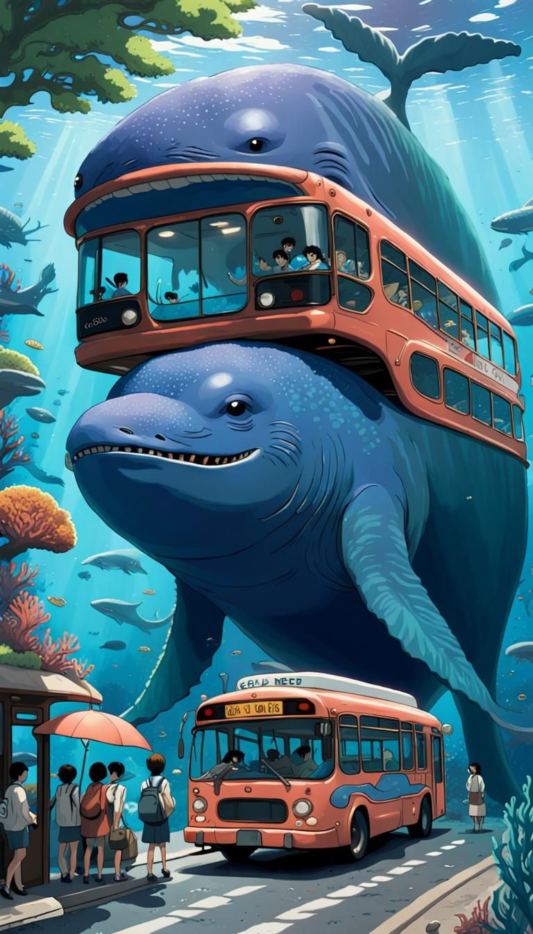 Studio ghibli inspired Blue whale Bus picking up some sea creature ...
