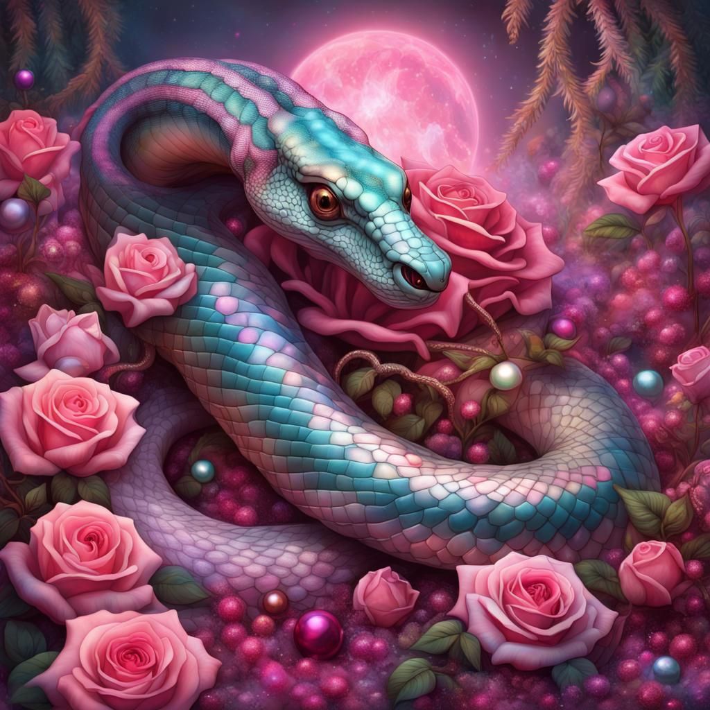 A beautiful serpent is lying on its bed and standing among rose and ...