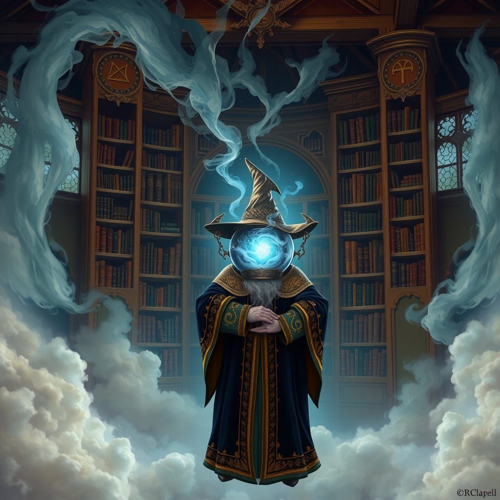 A wizard’s chamber floats atop swirling clouds.