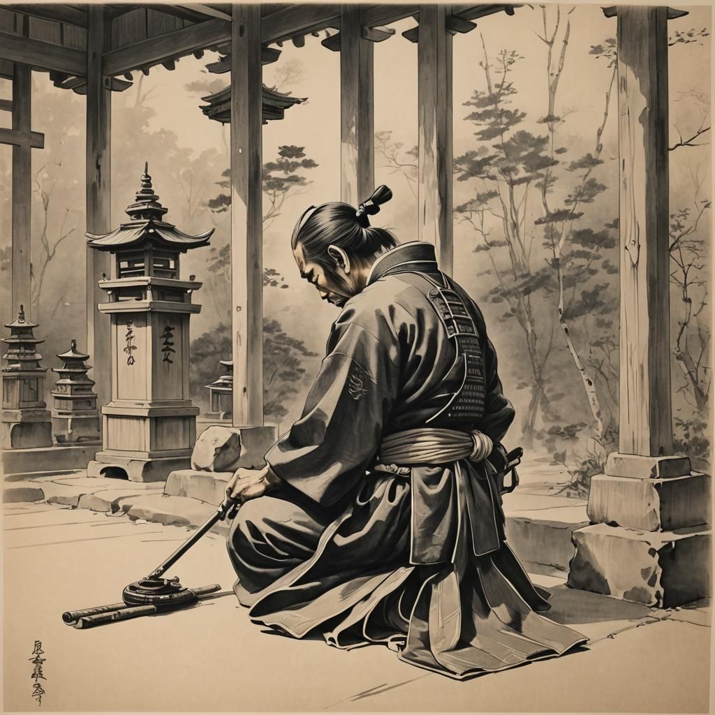 samurai praying before shrine shin hanga pencil sketch - AI Generated ...