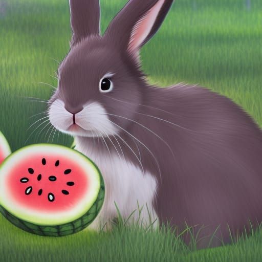Cute rabbit beside a watermelon slice Studio Ghibli, Anime Key Visual ...