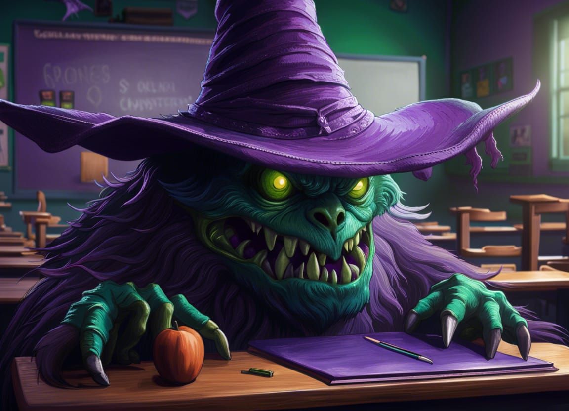 detailed artwork of a monster wearing a witch hat in a classroom ...