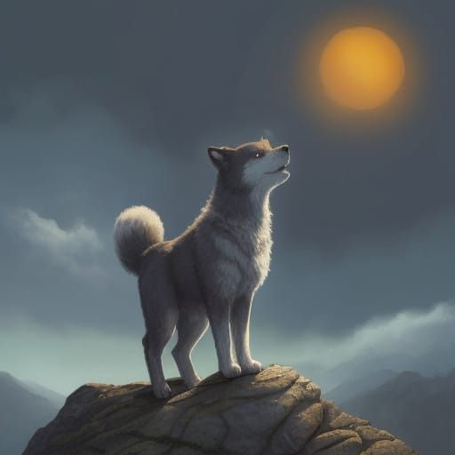 Whimsical Sunset Puppy Casting Shadow of Howling W... - AI Art