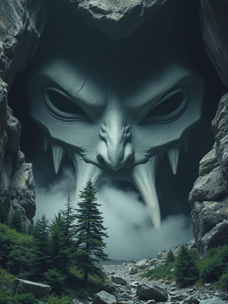 Ancient Mountain Face Cave in Mysterious Lighting - AI Art