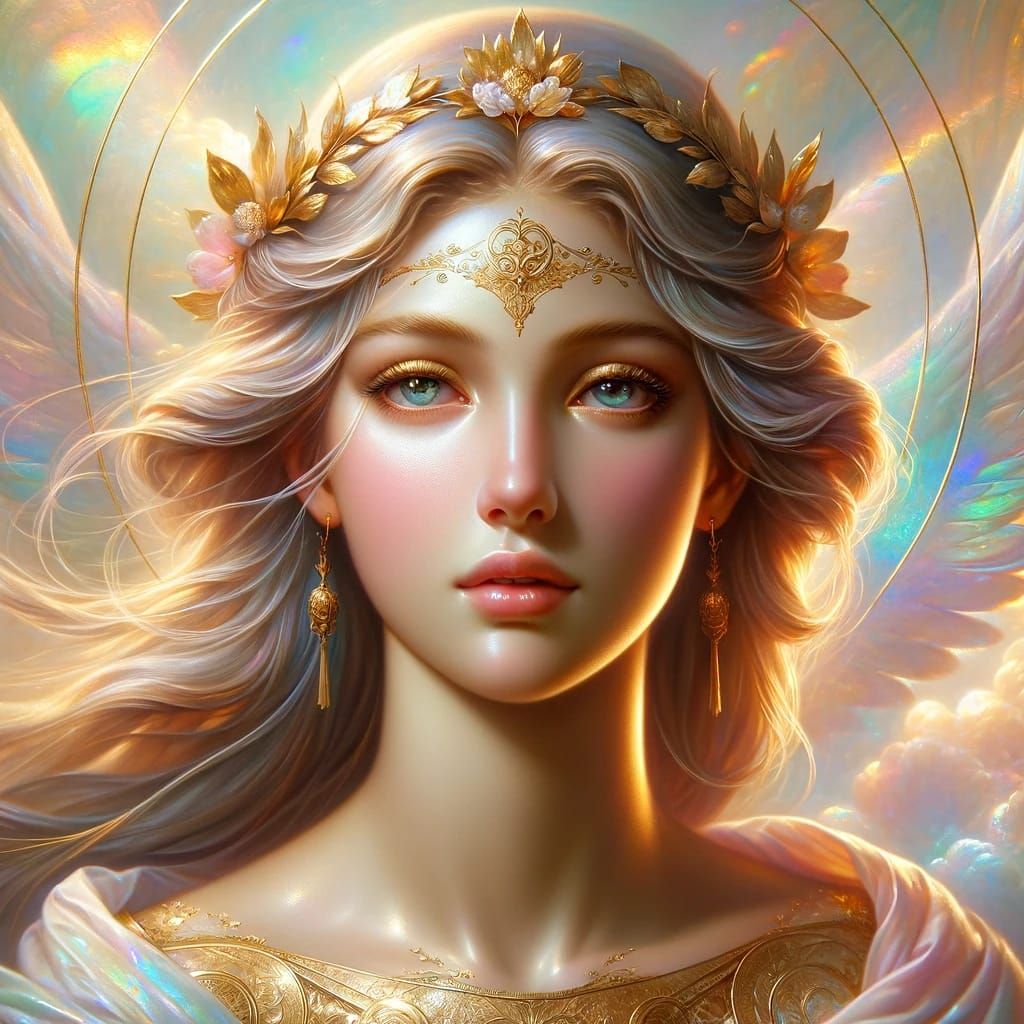 Envision a head and shoulders portrait of the Goddess of Peace, as ...