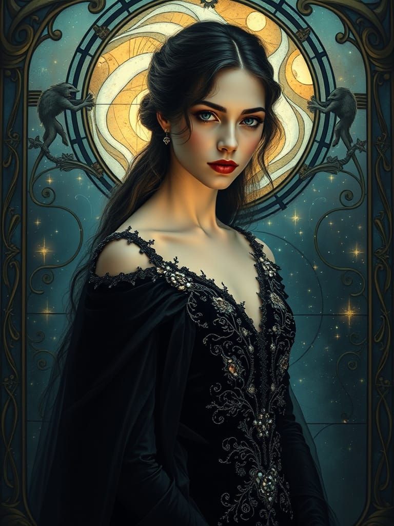 A dark gothic moody hyper realistic witchy woman, art nouveau gown, a glowing glass cube with ...