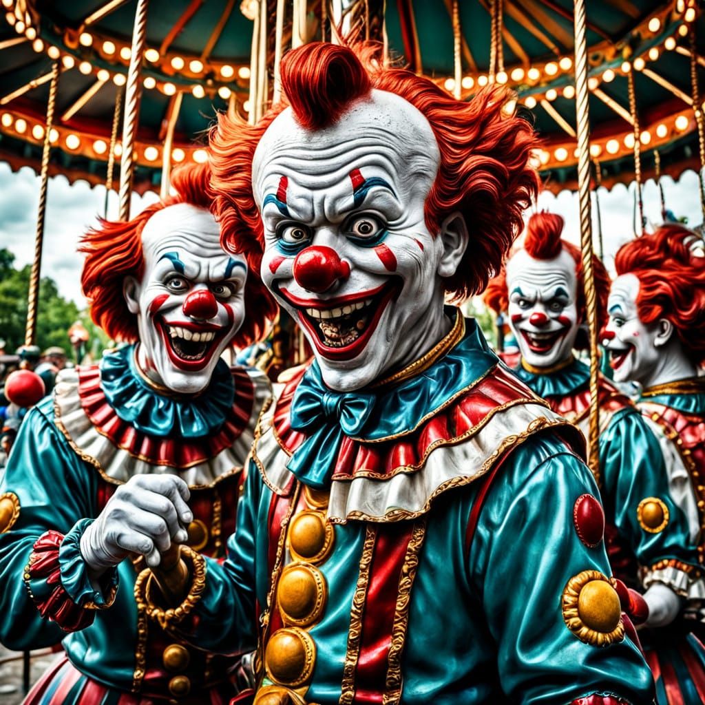 Laugh-Out-Loud Red-Headed Clowns on Merry Go Round... - AI Art