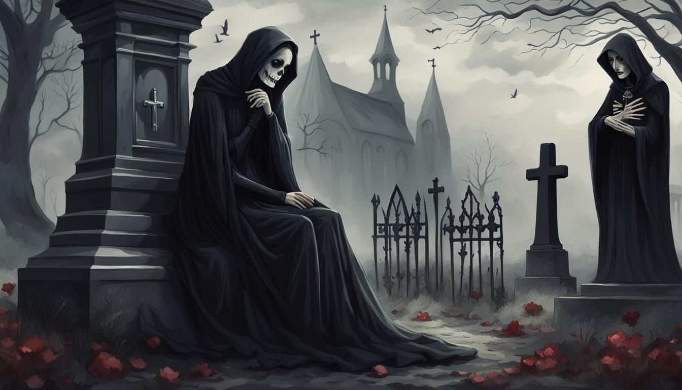 A sad gothic woman pleading and requesting the Grim Reaper to look ...