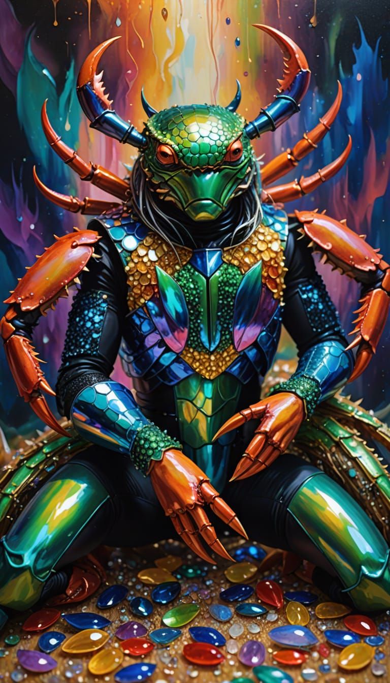 A humanoid crab hybrid, with iridescent blue and green shell fragments ...