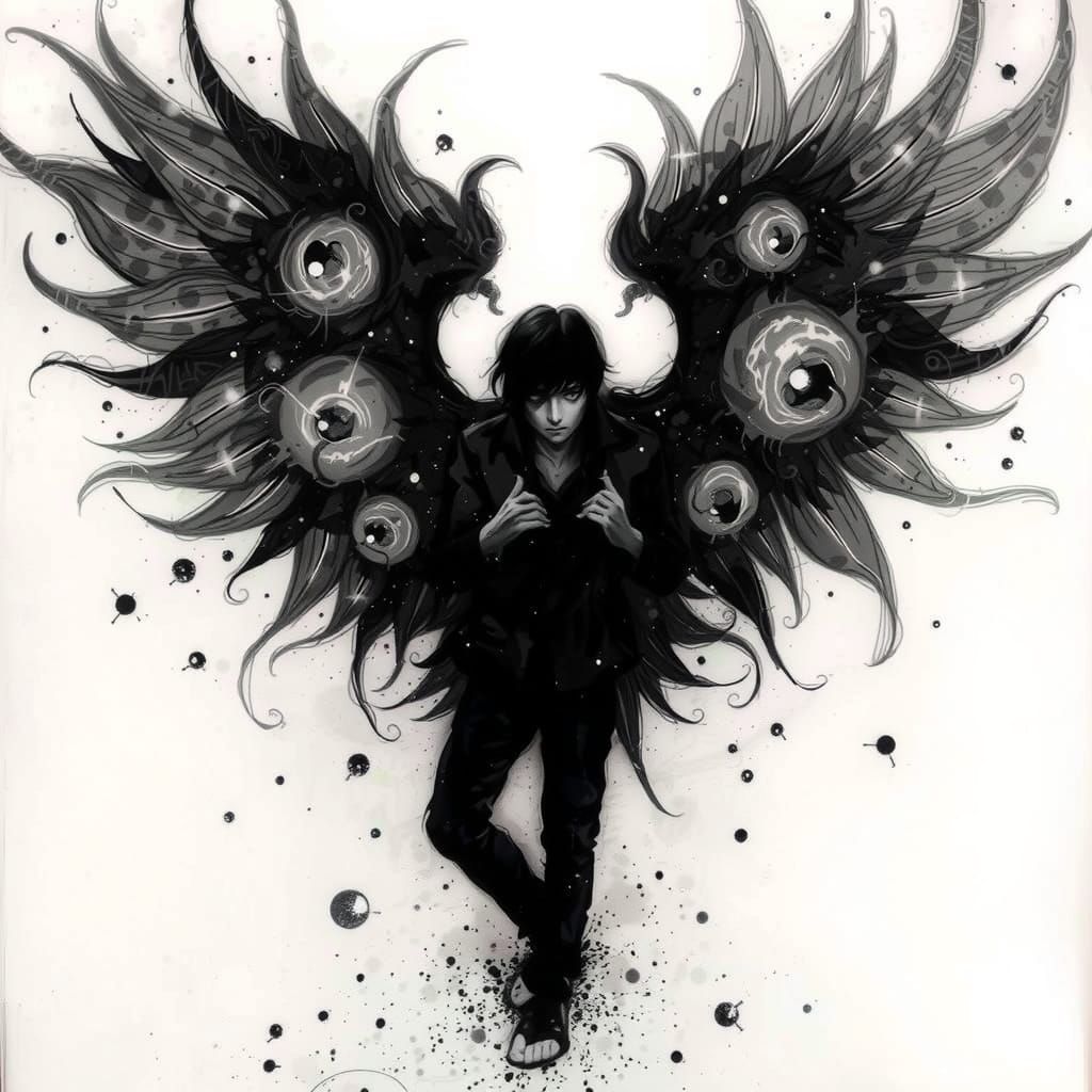 Angel in Abstract Ink Splatters with Feathery Wing... - AI Art