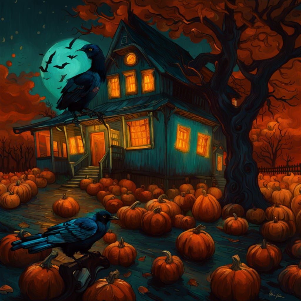 Vincent Van Gogh "Scary Night" Painting, pumpkins, ravens, haunted ...