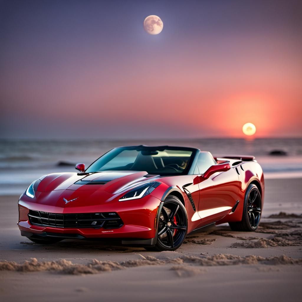 A corvette at a beach with a sunset behind the car and a moon high ...