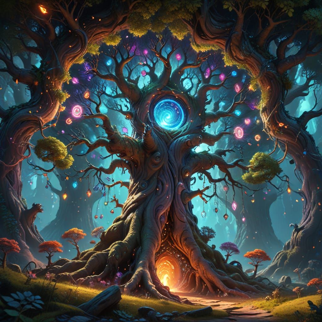 Mystical Tree Portal to Vibrant Otherworld - AI Art