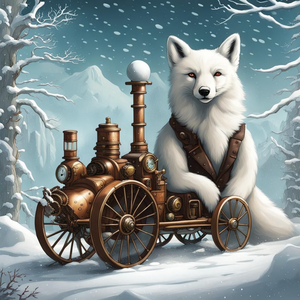 A steampunk Winter Wonderland, with snow a snow fox, and a polar bear ...