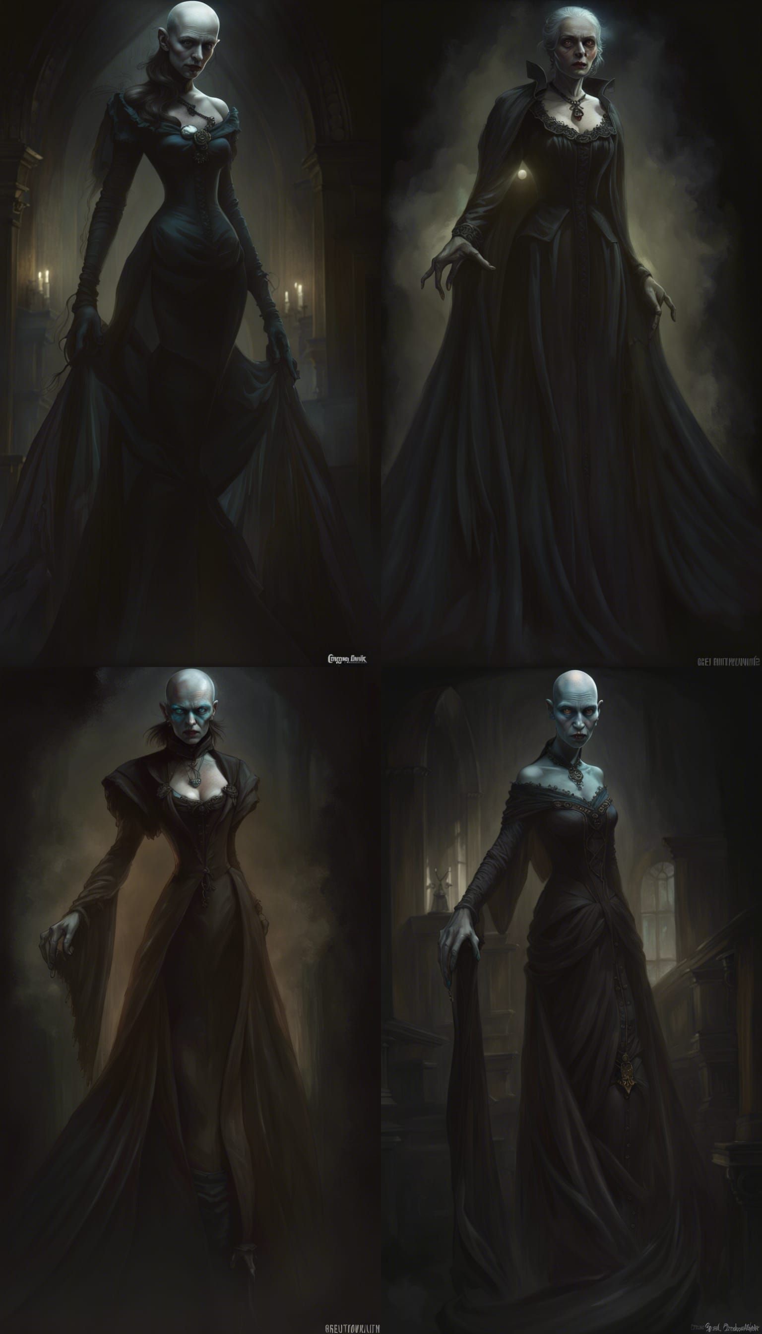 pale translucent skin, bald, old female vampire, batlike features, crazy creepy ice blue eyes ...