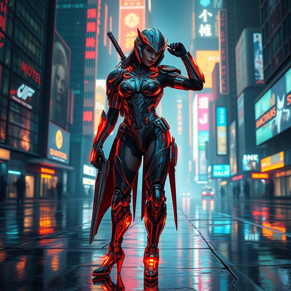 Glowing Neon Warrior in Futuristic Cityscape - AI Art