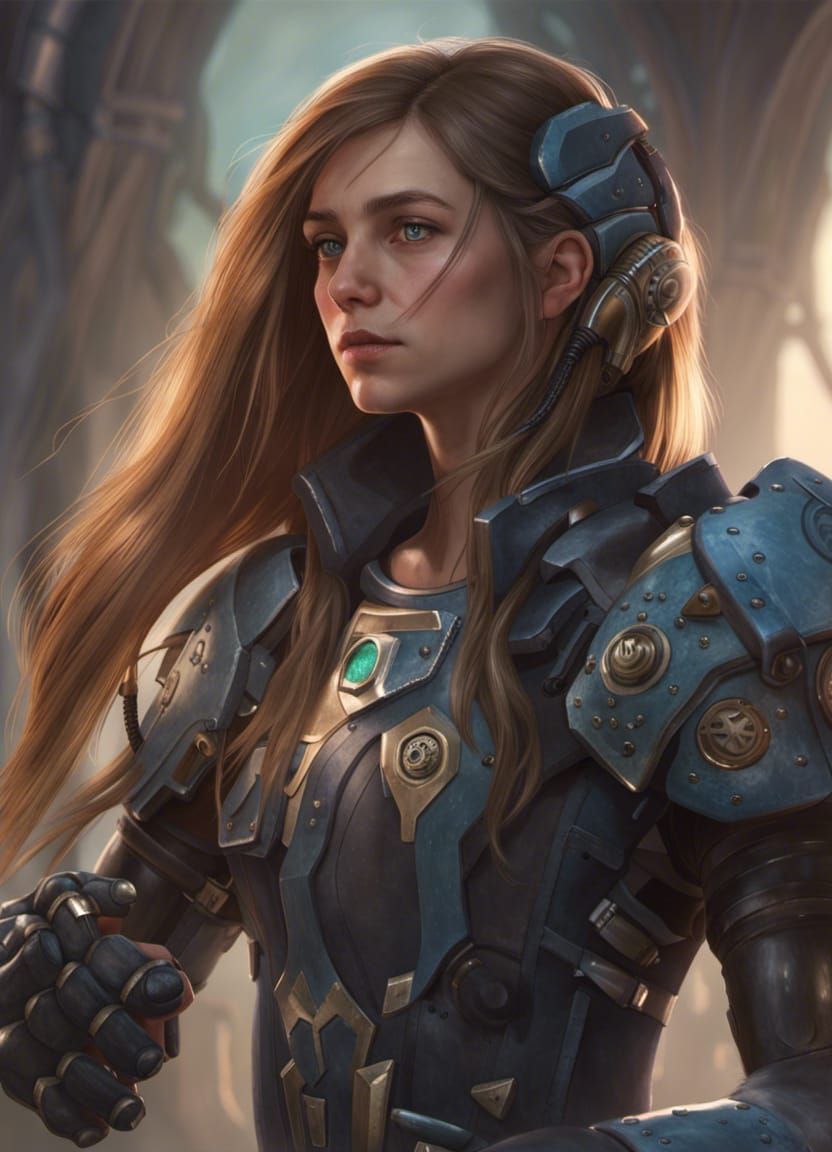 young Woman artificer, long hairs, looking at advanced prosthetic hand ...