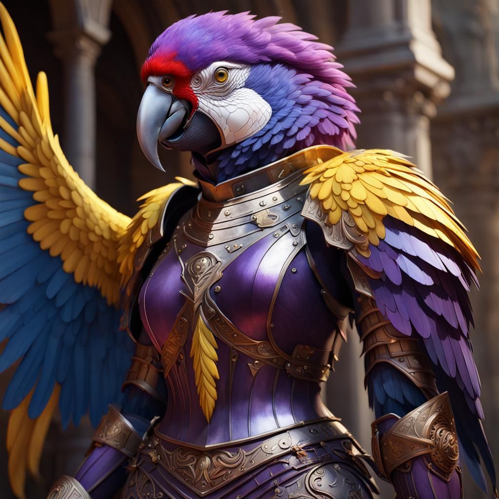 a female anthropomorphic parrot knight, beak, feathers, wings - AI ...
