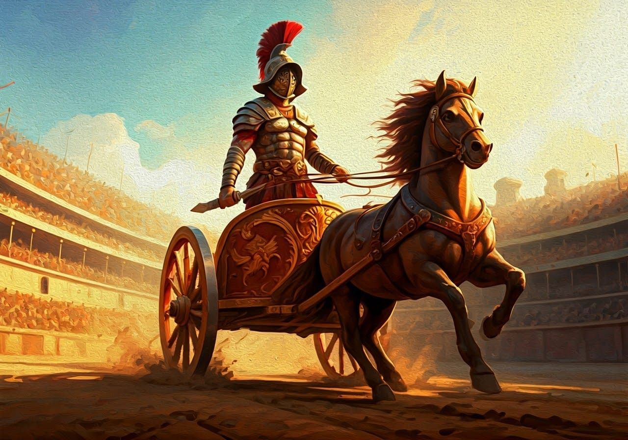 A Roman gladiator, riding an ancien...