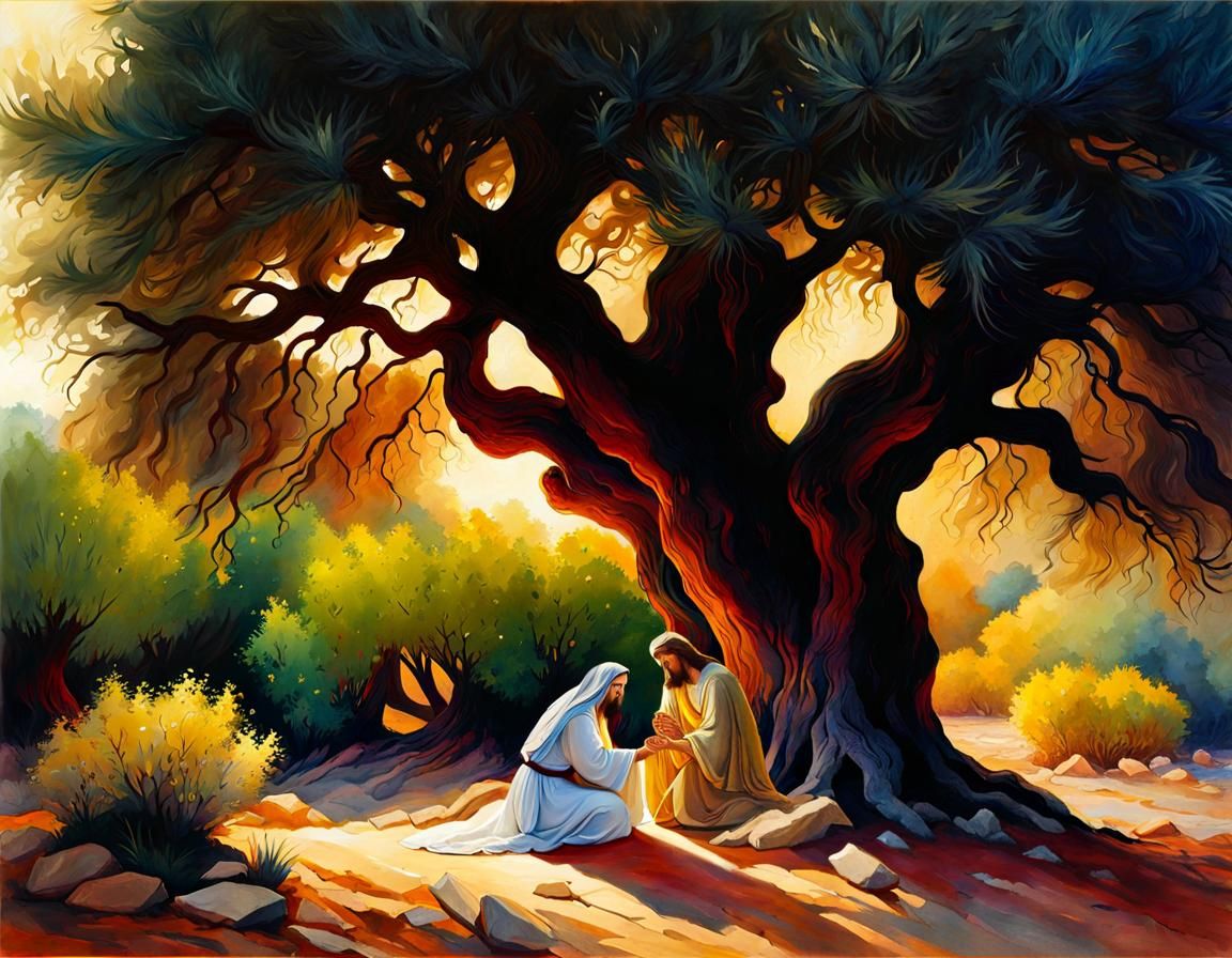 "Scene of Jesus Kneeling and Praying under an Old Olive Tree In The ...