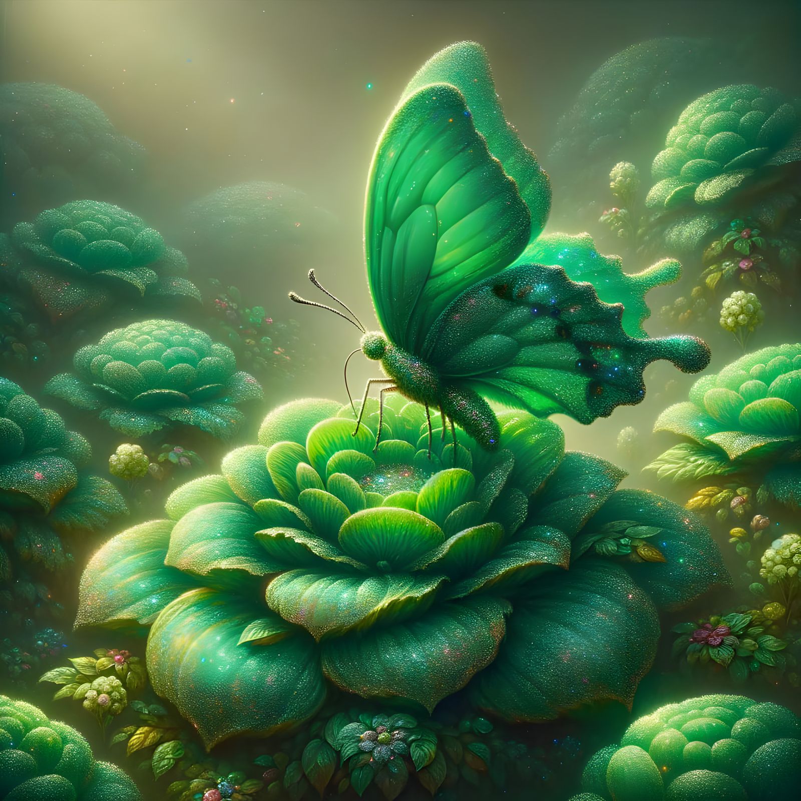 Ethereal Green Butterfly Perched on Glittering Flo... - AI Art