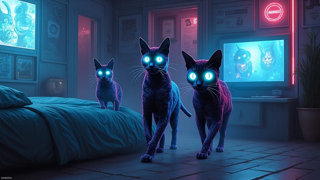 alien cats - Sleek Cyberpunk Cats Invade High-Tech Lair