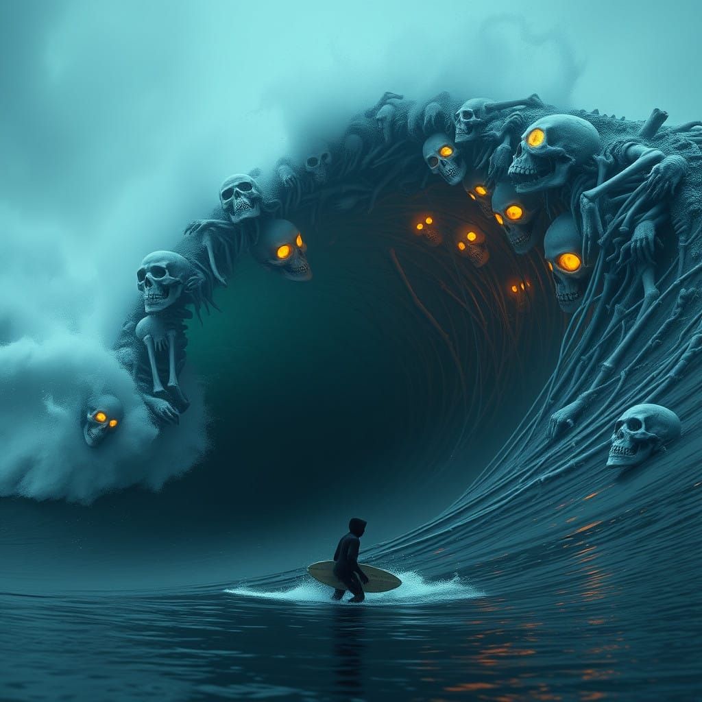Surreal Surf Wave of Skeletal Faces in Dark, Mysti... - AI Art