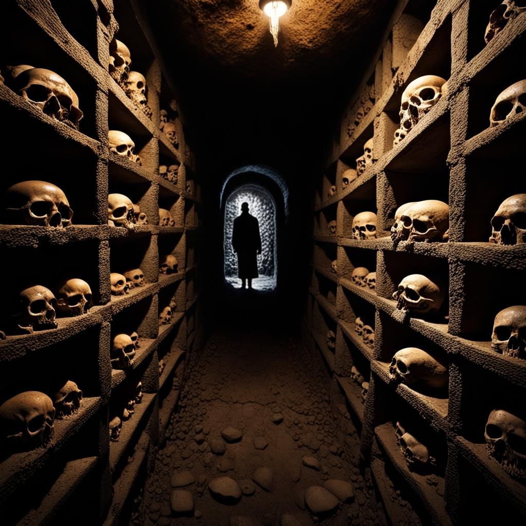Inside the Catacombs, extreme detail, hyper realism, creepy shadow ...