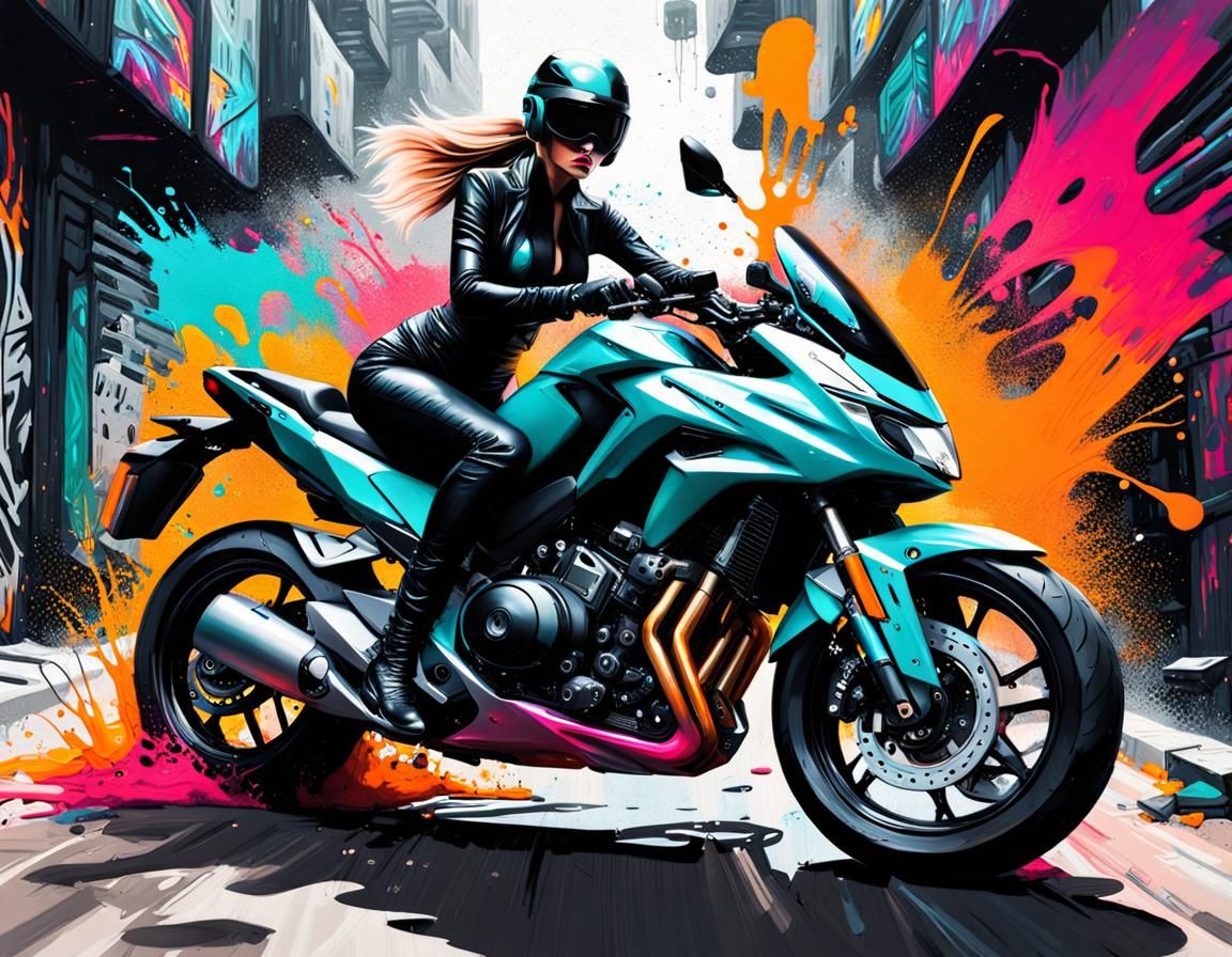 matrix futuristic woman inside rabbit hole with her honda motorcyle ...