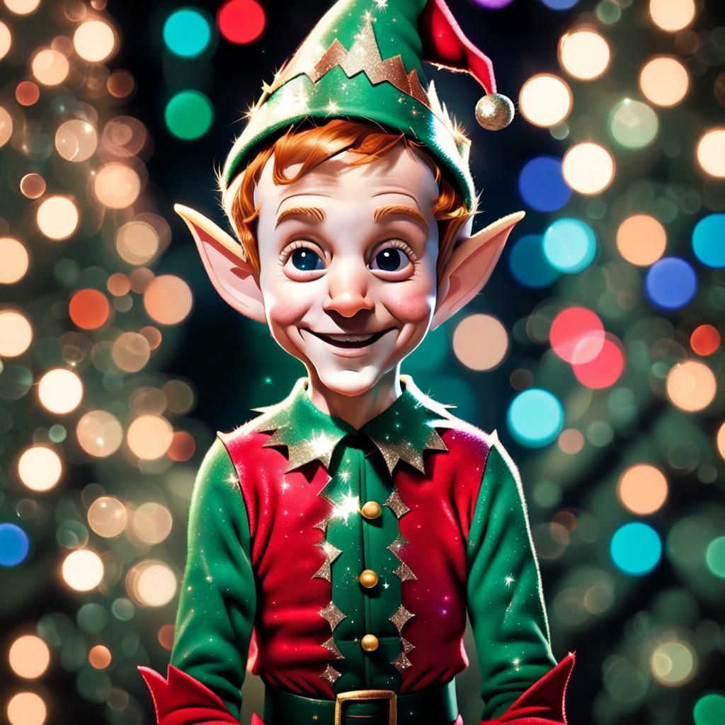 Really happy Christmas elf, Between colored lights, sparkles, Christmas ...