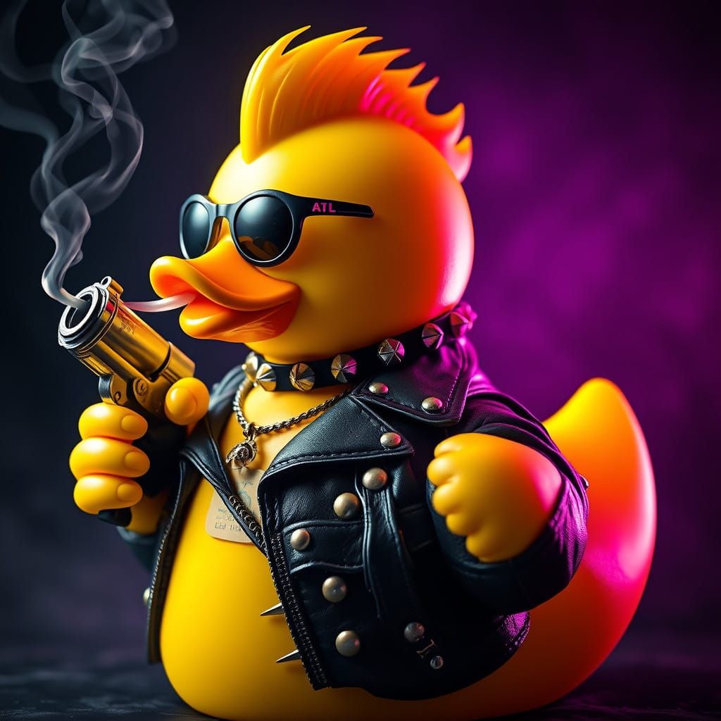 Vibrant Punk Rocker Rubber Duck Blows Smoke from P... - AI Art