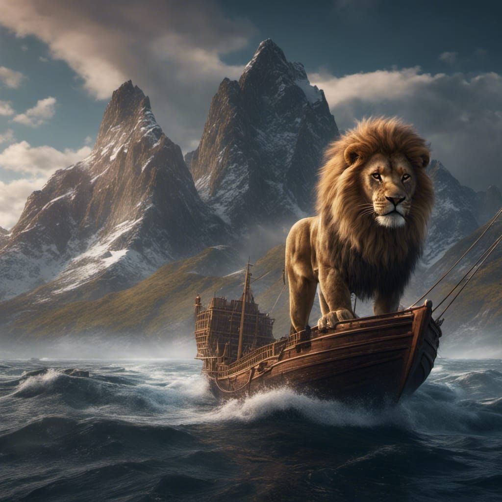 mystical, beautiful lion sailing a small ship past the Lofoten islands ...