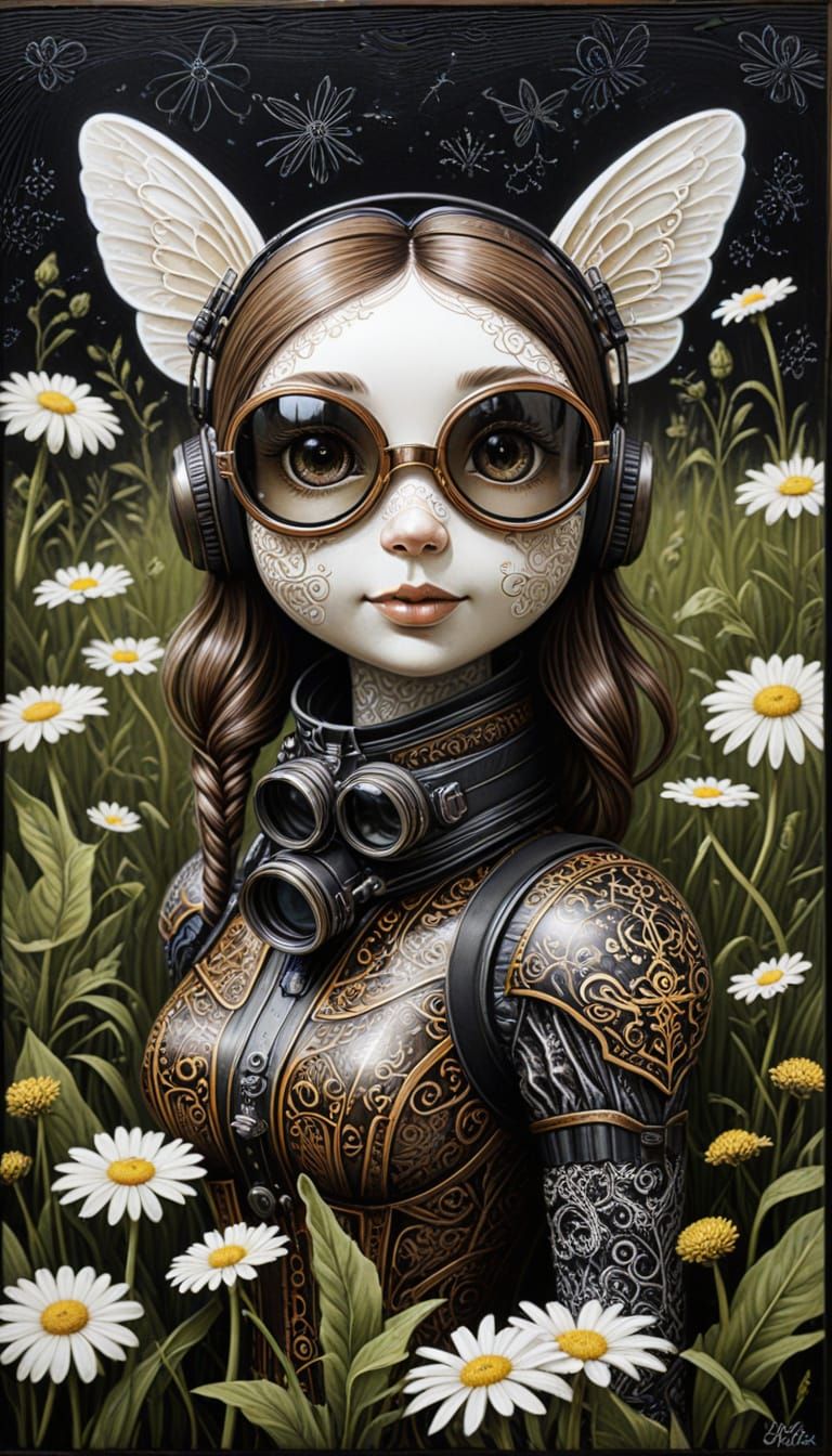 Steampunk Woodgrain Scratchboard Zentangle Fairy In A Dandelion Field