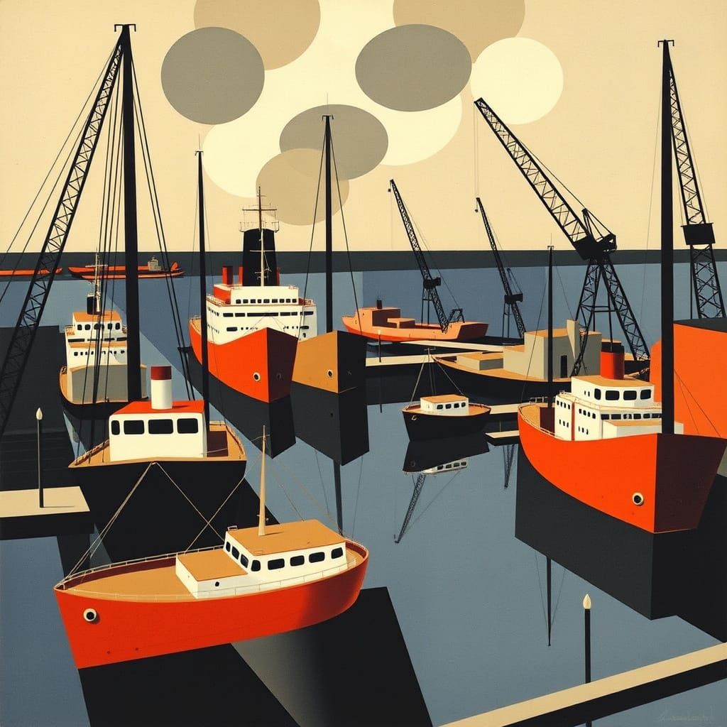 Abstracted Shipyard Scene in Vorticist Style - AI Art