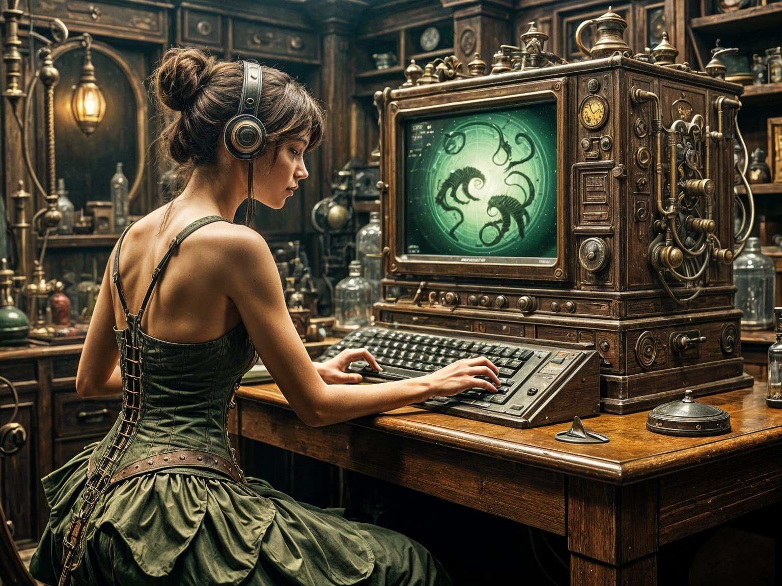 Googling for green steampunk trilobites on a computer monitor.