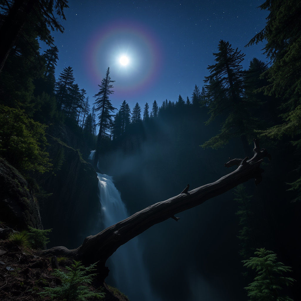 Bridge By The Falls - Moonlit Waterfall Forest at Night