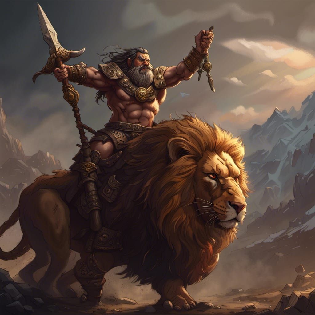 barbarian dwarf riding a lion into battle armed with a lance - AI ...