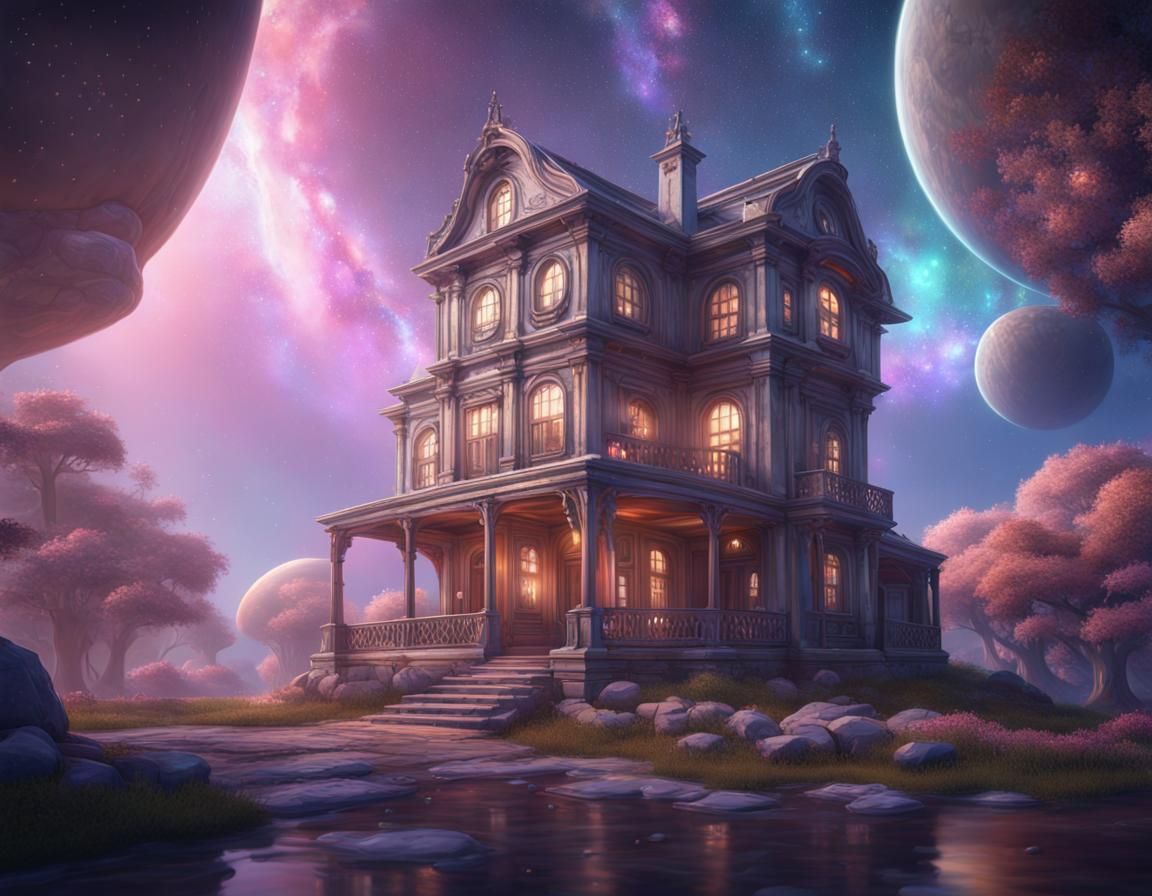 a house in the middle of galaxy, universe fulfilling the building ...
