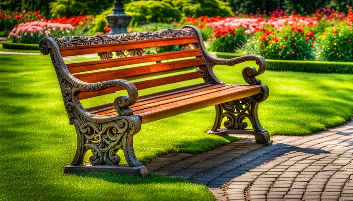 A park bench in a botanical garden with trees and flowers. intricate ...