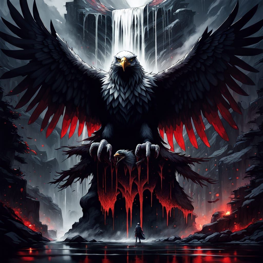 Dark Fantasy Eagles on Blood Waterfall in Clint Ce... - AI Art