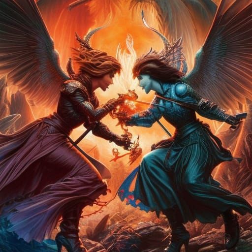 Two opposing armored angels dueling in hell Charles Vess, hdr, detailed ...