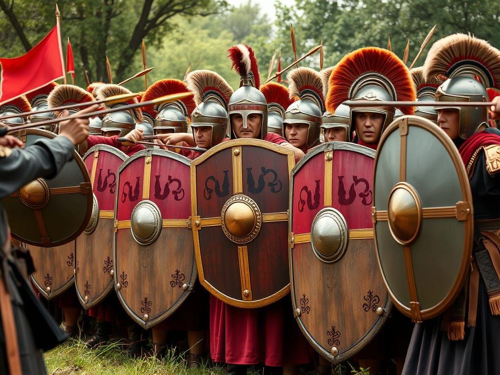 Roman Legion Shields Form a Strong Wall Against Ar... - AI Art